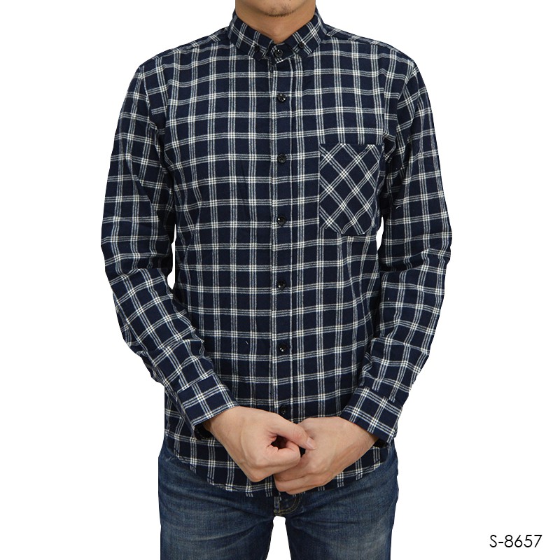 Jual KEMEJA PANJANG KERJA KANTOR FLANNEL FLANEL PANEL KOTAK BIRU HITAM ...