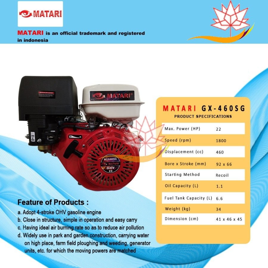 Jual Mesin Bensin GX460SG GX 460 SG 22Hp 22PK Putaran Lambat MATARI ...
