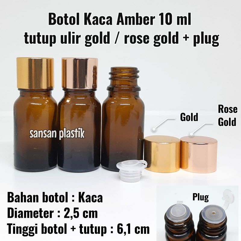 Jual Botol Kaca 10 ml Amber Tutup Gold / Rose Gold + Plug / Botol Amber ...