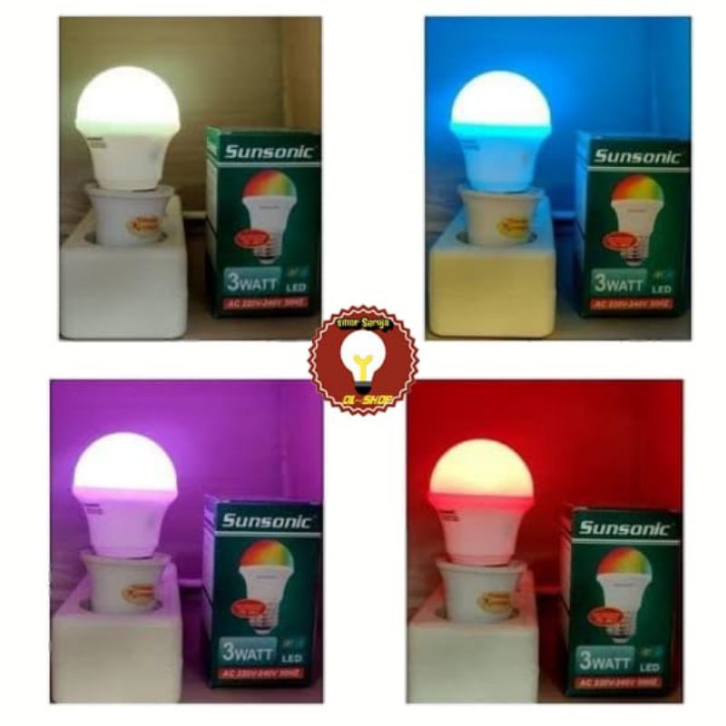 Jual Bolam LED RGB 3 Watt/ Bolam LED 7 Warna 3 Watt Sunsonic | Shopee ...