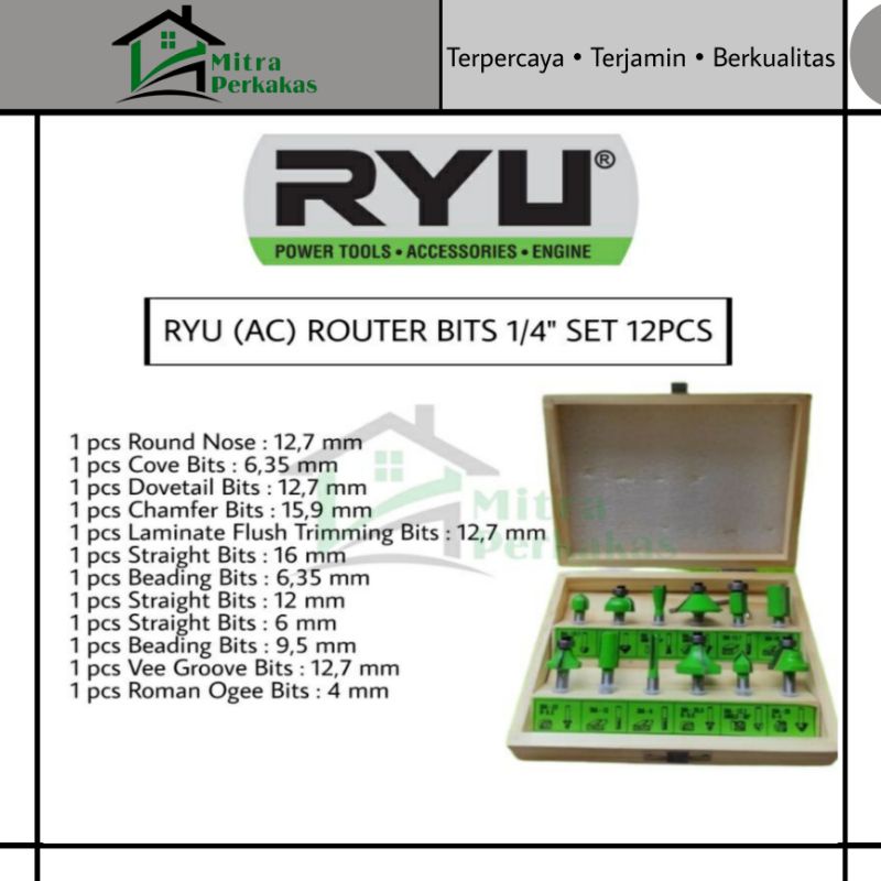 Jual RYU Router Bits 1/4" Set 12pcs / Mata Profil Mata Trimmer Bit Set 12pc | Shopee Indonesia