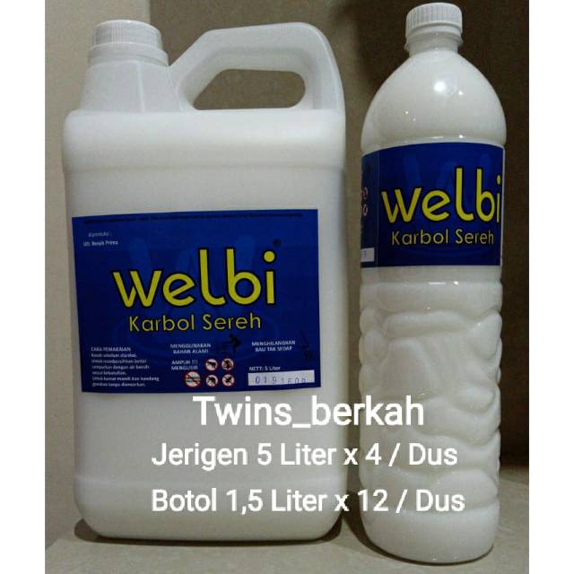 Jual KARBOL SEREH WELBI ( JERIGEN 5 Liter / BOTOL 1,5 Liter ) 1 Dus ...