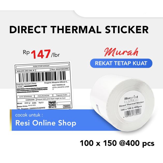 Jual DIRECT THERMAL STICKER LABEL RESI BLUEPRINT LITE 100x150 mm Isi 400pcs - KERTAS THERMAL ...