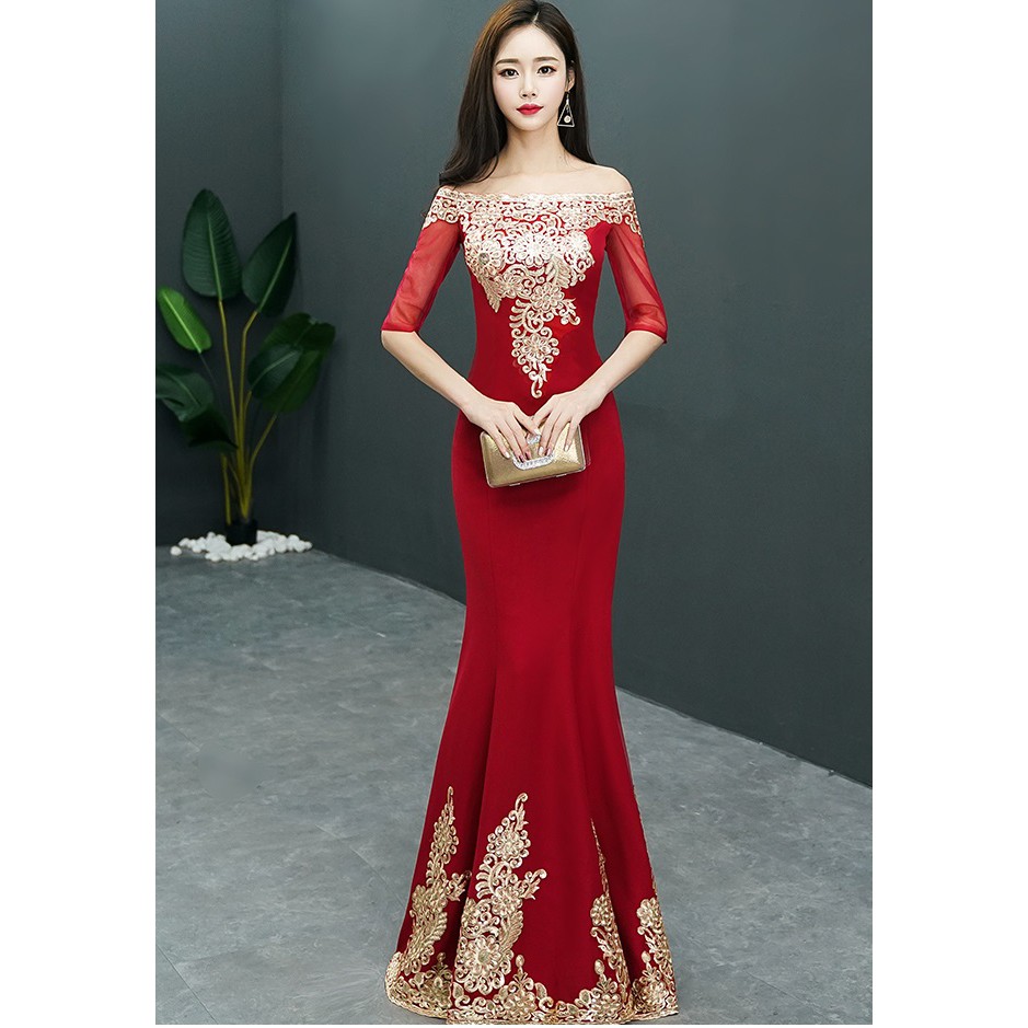 Jual Gaun Pesta 1911006 Merah Sabrina Lengan Siku Mermaid Party Dress ...