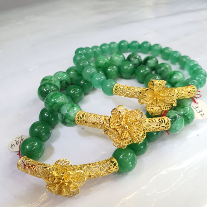 Jual Gelang Bunga Emas Asli 700 16K Model Bambu Ukir Batu Giok Kristal ...