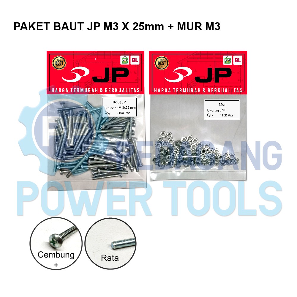 Jual PAKET 2 SET BAUT MUR 3x25 BAUT JP M 3 x 25 MM MUR M3 SKRUP ISI 100 PCS | Shopee Indonesia