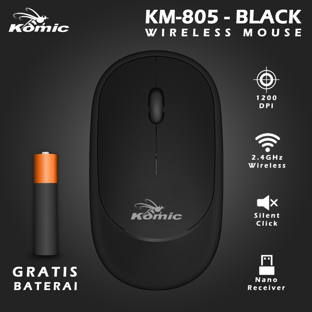 Jual Mouse Wireless Office Optical Silent Click/Klik KOMIC KM-805 Black ...