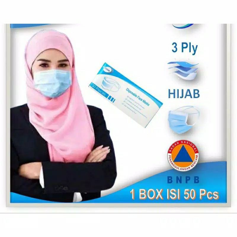 Jual MASKER HIJAB 3PLY ISI 50PCS (DISPOSABLE FACE MASK) | Shopee Indonesia