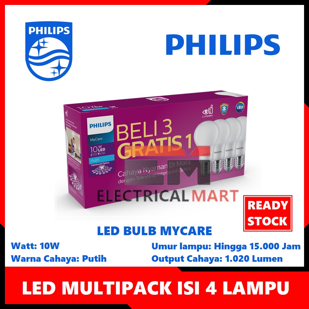 Jual (Paket 4 pcs) Lampu Bulb LED Philips MyCare Multipack 10W Putih (Bundling 10 Watt) Original ...