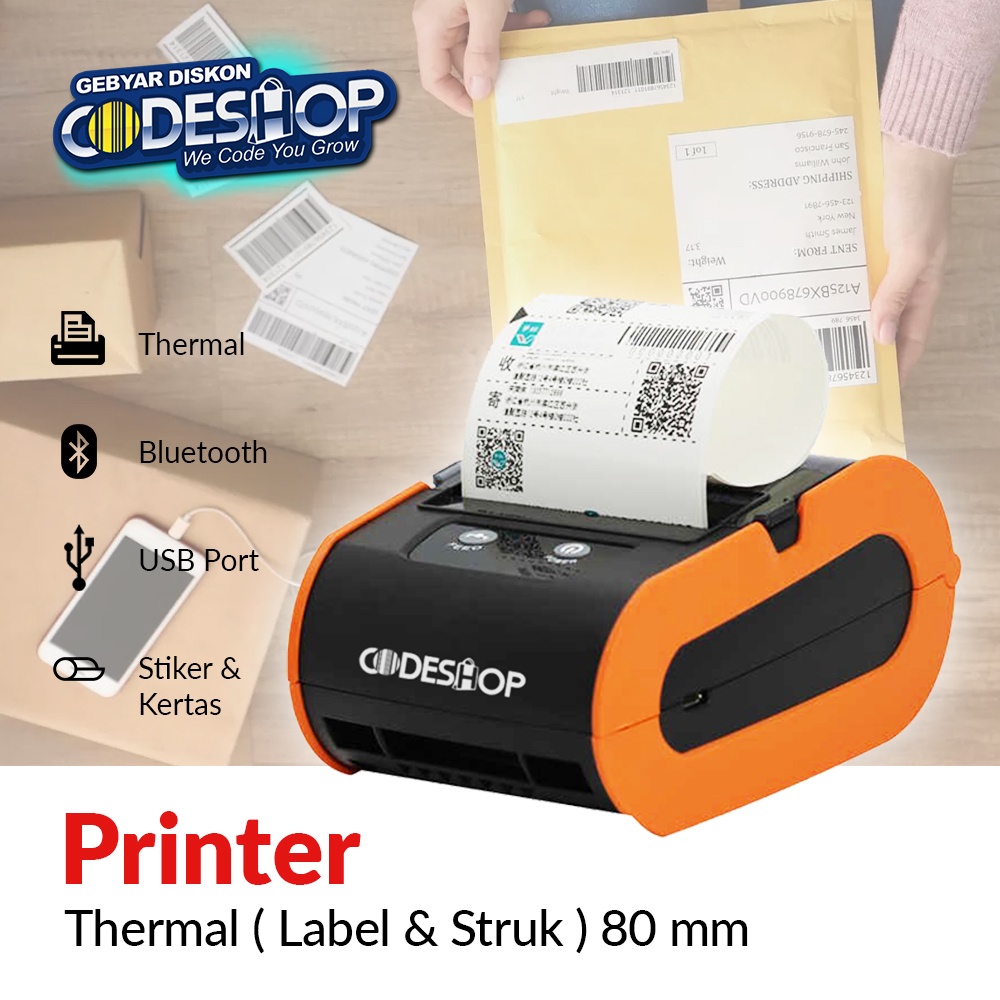 Jual Codeshop CM-T808 Mobile Portable Printer Thermal 2in1 Label Barcode Struk Kasir 80mm USB ...