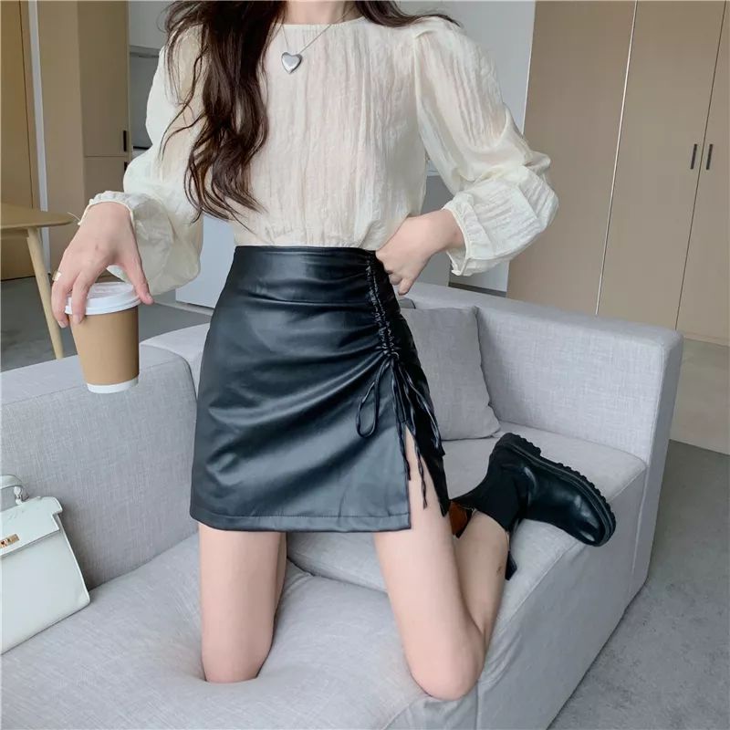 Jual Rok Mini Wanita Kulit Semi Chic Serut Paha Kiri Pinggang Tinggi ...