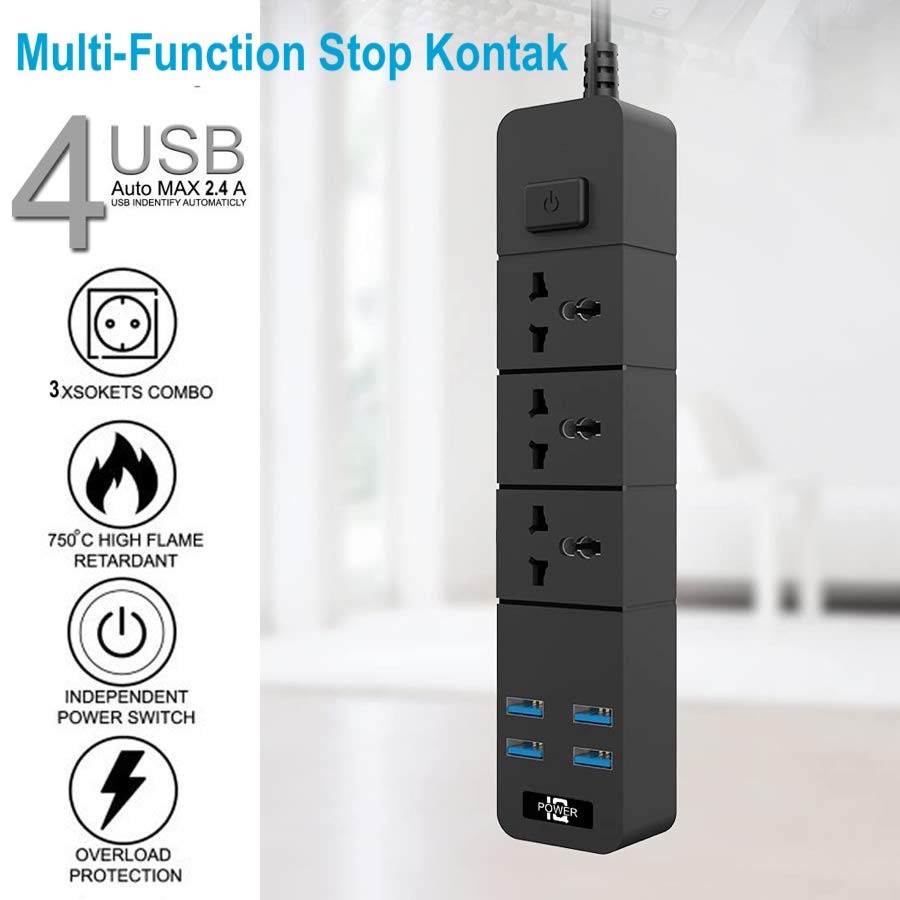 Jual Lucky Hawk T18 2M Power Strip Stop Kontak 3 Power Socket 4 USB ...