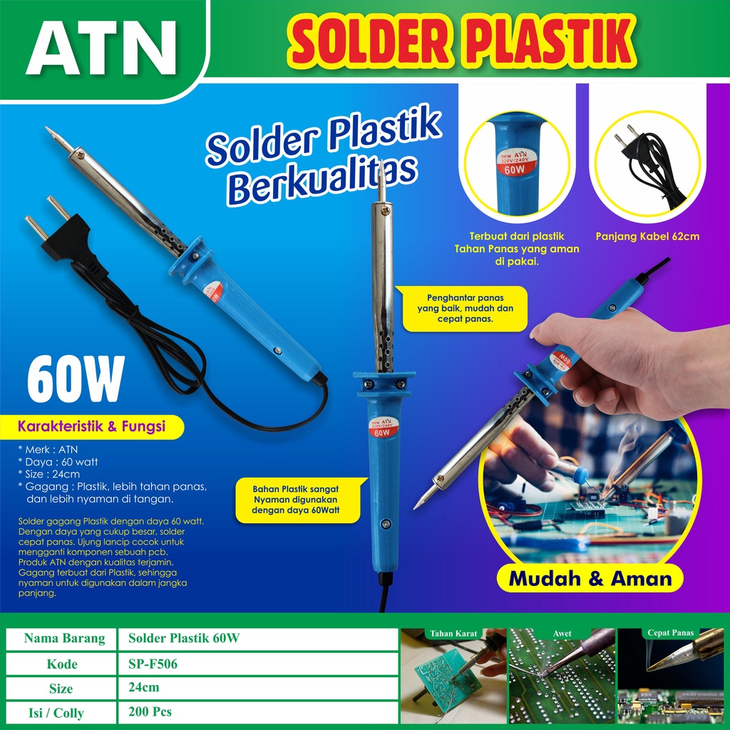 Jual COD-Solder Tangan Kayu/PLASTIK Iron ATN 40W/60W KEBEL TEMBAGA KUAT ...
