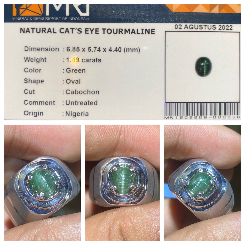 Jual Natural 1.49ct Batu Cat Eye Tourmaline Mata kucing Hijau perak ...
