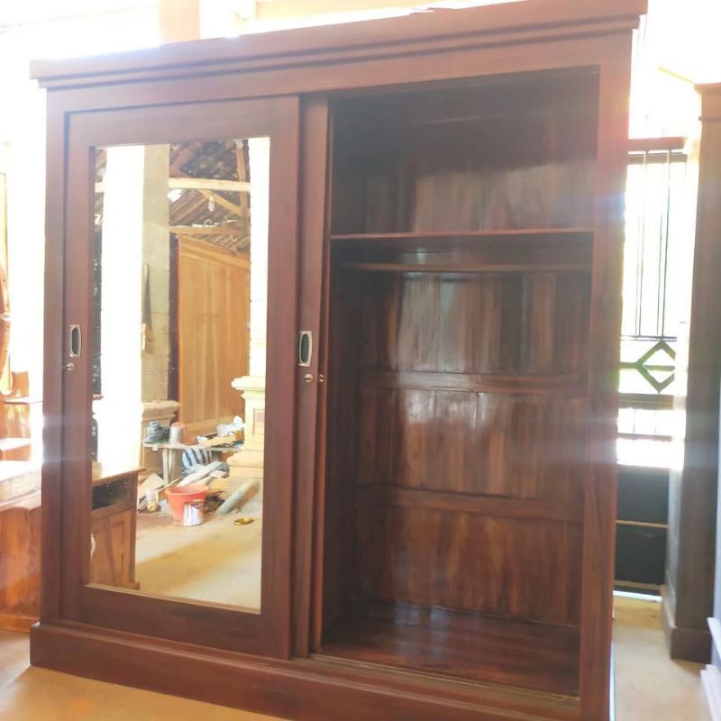 Jual lemari pakaian 2 pintu sliding jumbo kayu jati / lemari baju sliding jati murah besar awet ...