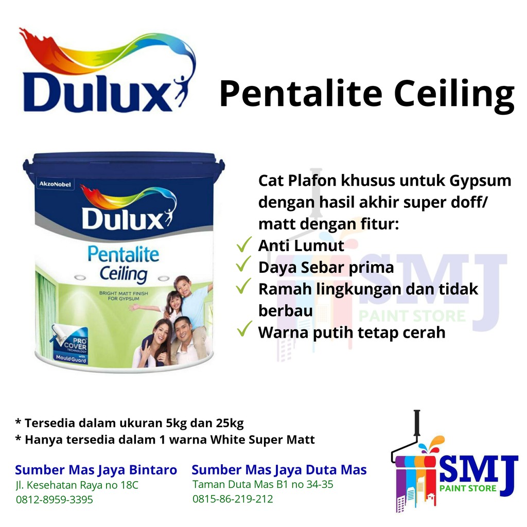 Jual CAT PLAFON / GYPSUM DULUX PENTALITE CEILING WARNA PUTIH KEMASAN 5 ...