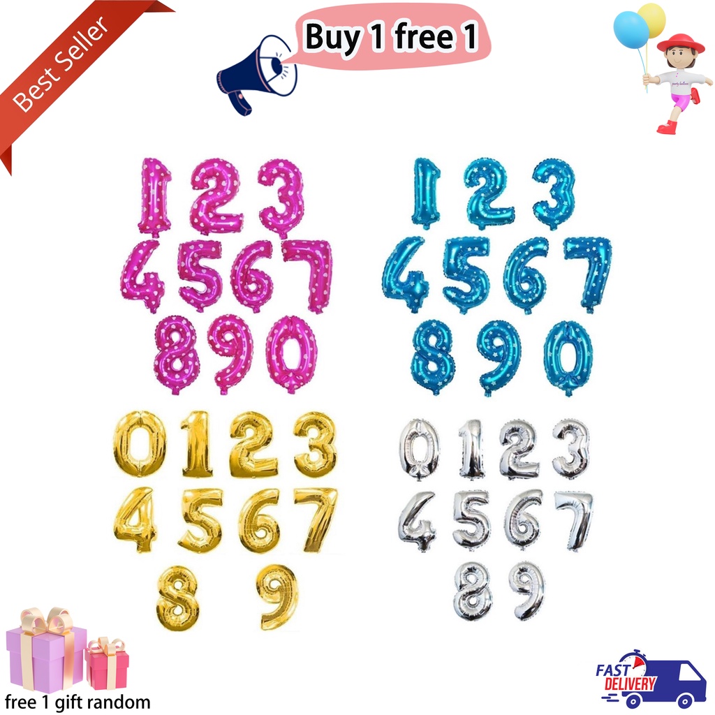 Jual Balon Foil Angka 16 Inch 40cm 0-9 Warna Gold Silver Pink Biru ...