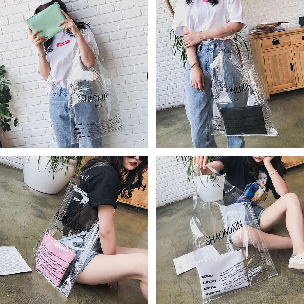 Jual Tas Transparan / Tas PVC / Tote Bag Transparan with Pouch - Putih ...