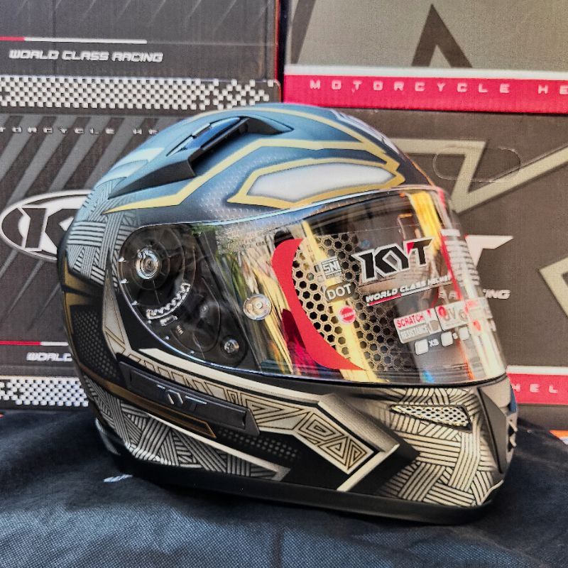 Jual Helm full face kyt k2 rider bkpanthr black gold flat visor pin ...