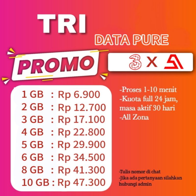 Jual PAKET DATA PURE TRI / THREE PROMO | FULL 24 JAM | 30 HARI | ALL ...