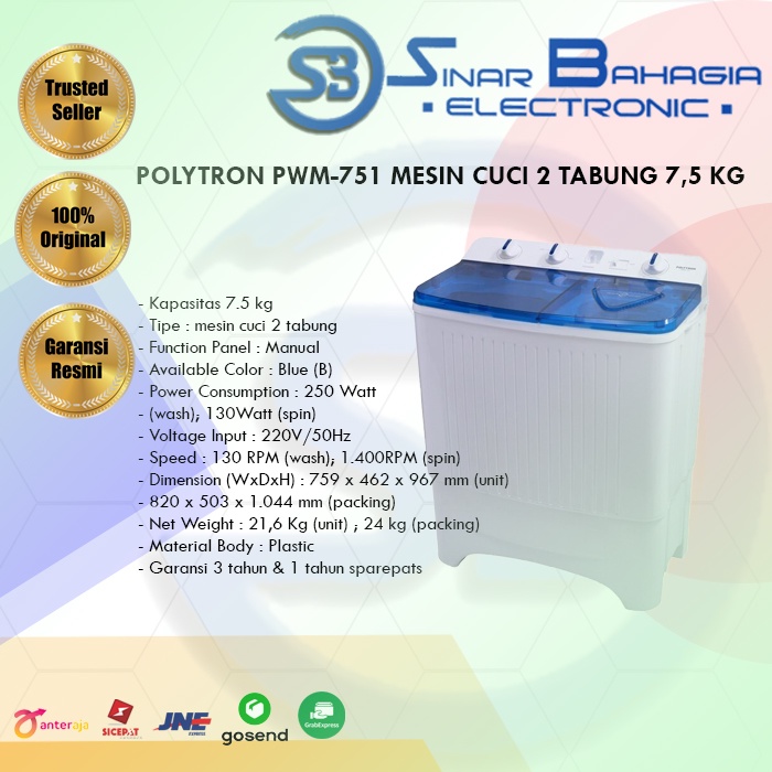 Jual POLYTRON PWM-751 MESIN CUCI 2 TABUNG 7,5 KG (NEW) (KHUSUS BANDUNG) | Shopee Indonesia