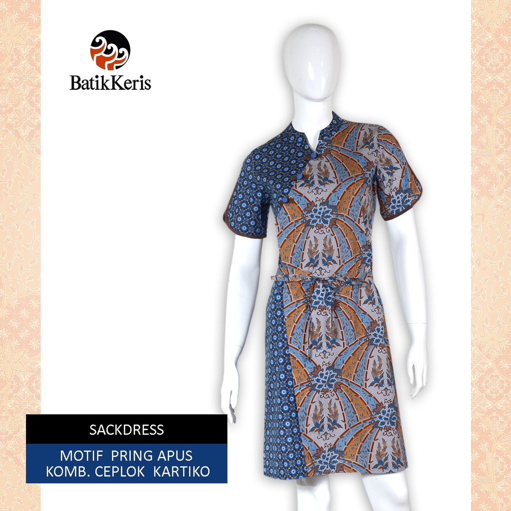 Jual Batik Keris Dress Lengan Pendek Pring Apus Kombinasi Ceplok Kartiko Tosca | Shopee Indonesia