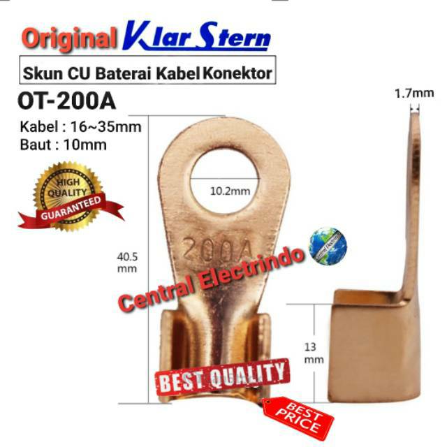 Jual Skun Kabel CU KlarStern OT-200A Kabel 16~35mm Baut 10mm Baterai Kabel Konektor. | Shopee ...