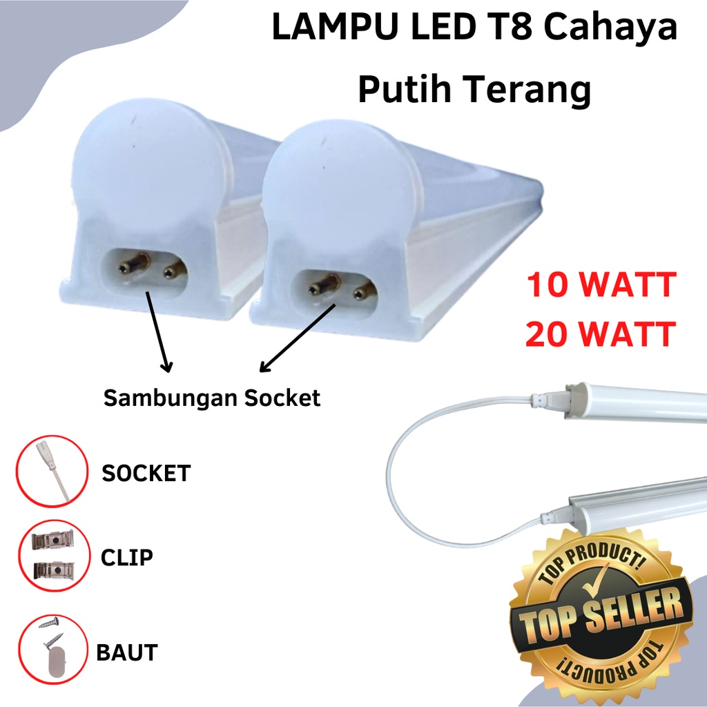 Jual Lampu TL T8 LED + Kap komplit 1 set Putih 10W 20W Cahaya putih ...