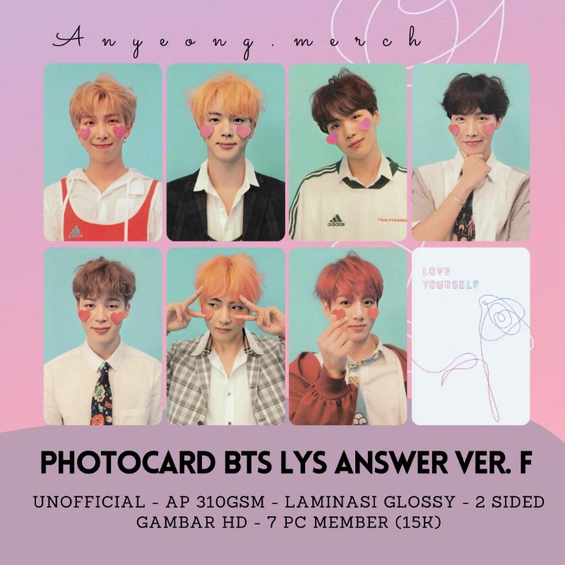 Jual (COD) PHOTOCARD BTS LOVE YOURSELF ANSWER VER F - LAMINASI GLOSSY AP310Gr 2 SISI TEBAL ...