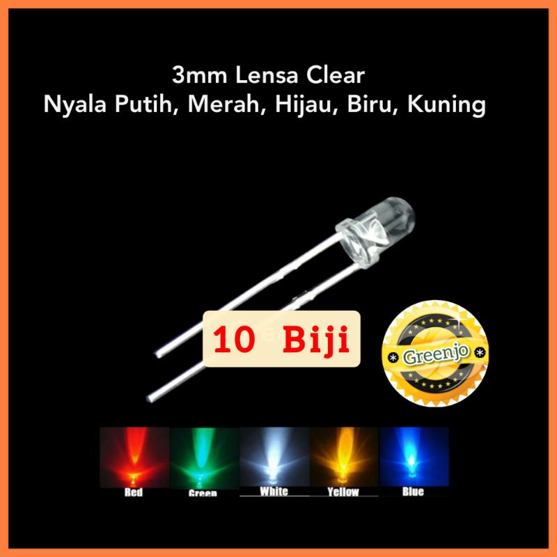 Jual x10 Led 3mm Lensa Clear Nyala Putih, Merah, Biru, Kuning, atau ...