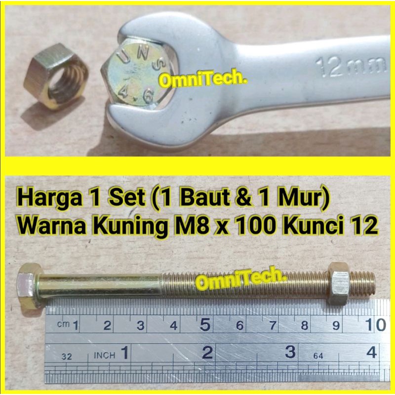 Jual Baut Mur Hex Hexagon BMK Kuning M8 x 100 mm 8x100 Kunci 12 Pitch 1,25 M8x100 Drat Halus UNS ...