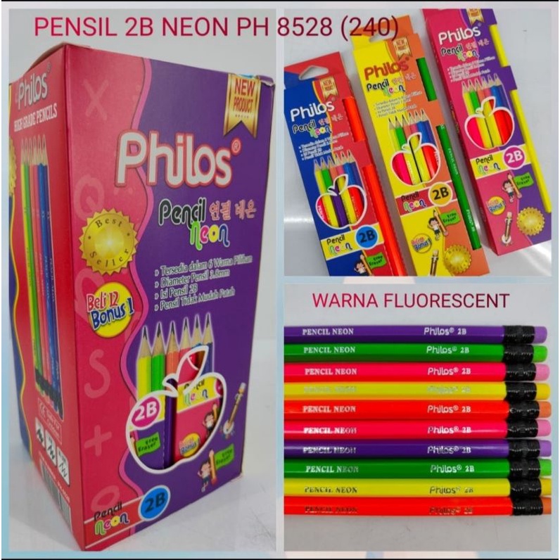 Jual Pensil Philos 2B / Pensil kayu Bagus /Hitam dan Murah / warna Neon ...
