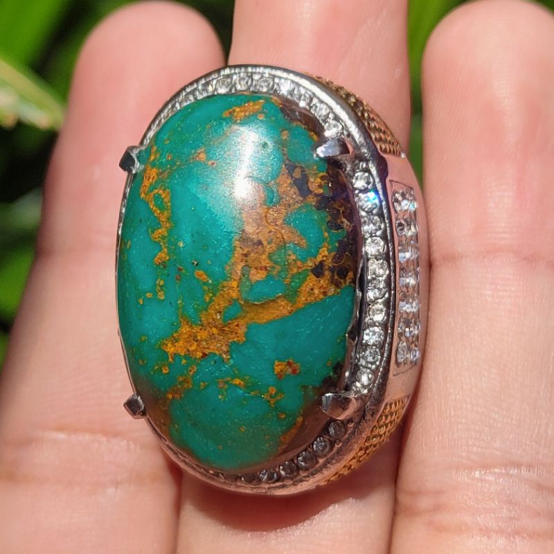 Jual [BISA COD] Cincin Titanium Batu Akik Pirus Hijau Serat Emas Size ...