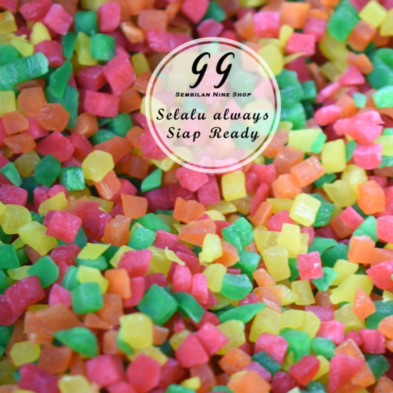 Jual 250 Gram SUKADE MIX WARNA CAMPUR Buah Kering Cincang Warna Warni ...