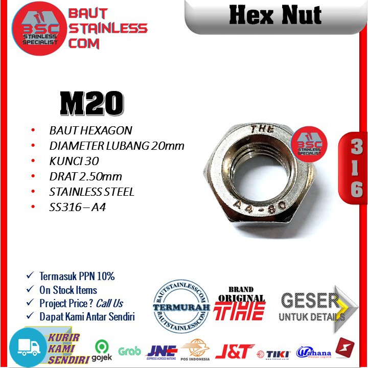 Jual MUR HEX NUT M20 STAINLESS SS316 A4 | Shopee Indonesia