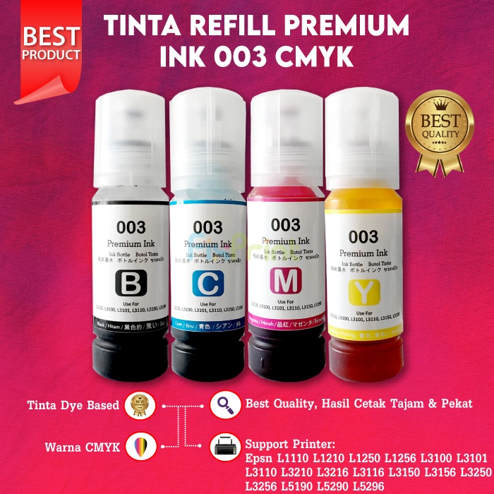 Jual Tinta Premium Ink 003 Compatible 1 SET 4 warna refill printer epson L1110 L1210 L1250 L3110 ...