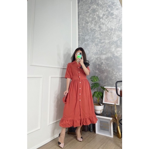 Jual #1884 Button Ruffle Dress linen / dress korean bagus kantor ...