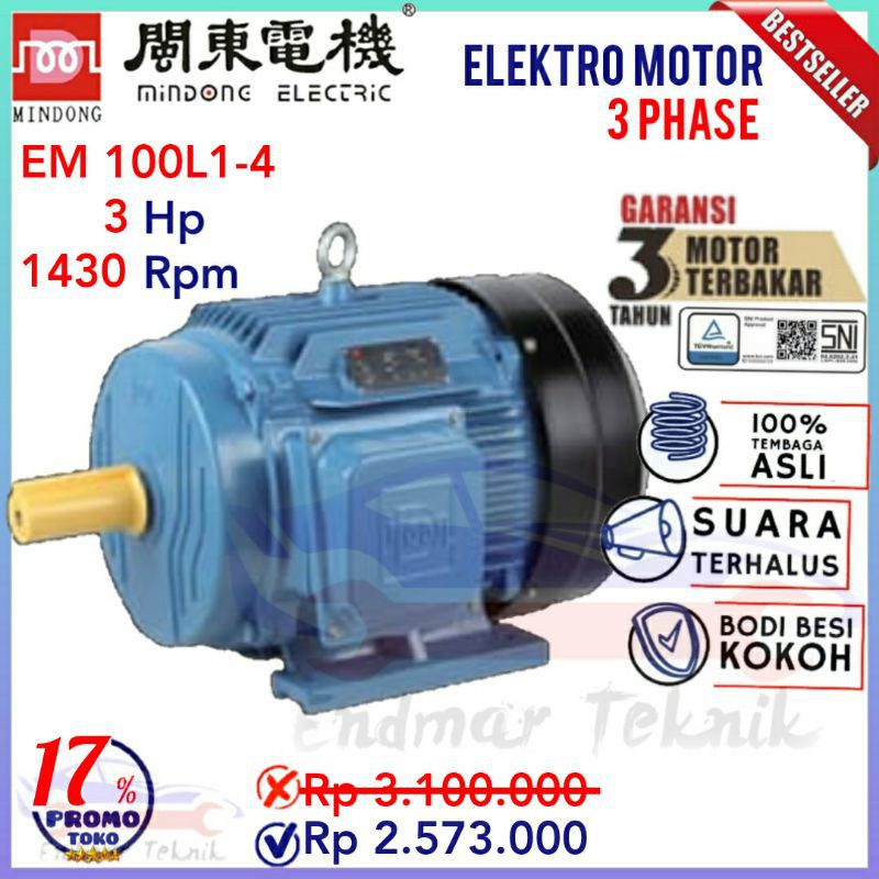 Jual Dinamo elektro motor 3 phase 3 hp 3 pk 1430 Rpm Mindong EM 100L1-4 | Shopee Indonesia
