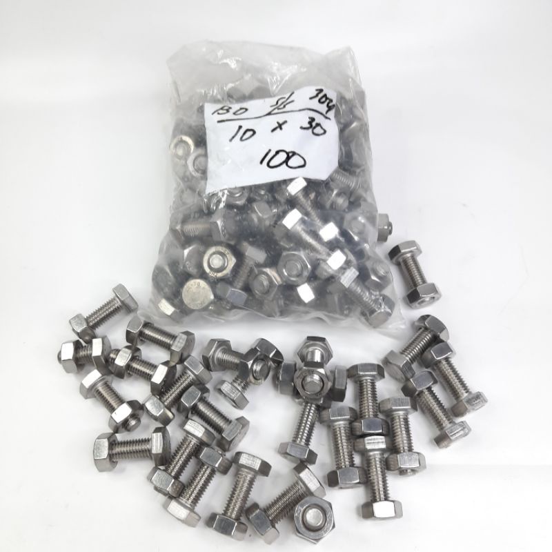 Jual Baut + Mur Hex Bolt + Nut Stainless SS 304 M10 X 30MM (Per Set) | Shopee Indonesia