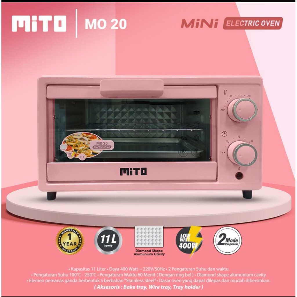Jual MITO Oven Listrik Mini Electric Oven MITO MO20 MO 20 MO-20 Kapasitas 11 Liter PINK / PUTIH ...