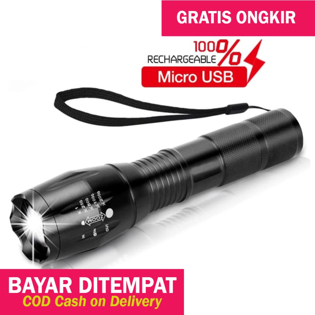 Jual Senter LED Super Terang Jarak Jauh Anti Air Tactical XML-T6 10000 Lumens Waterproff E18u ...
