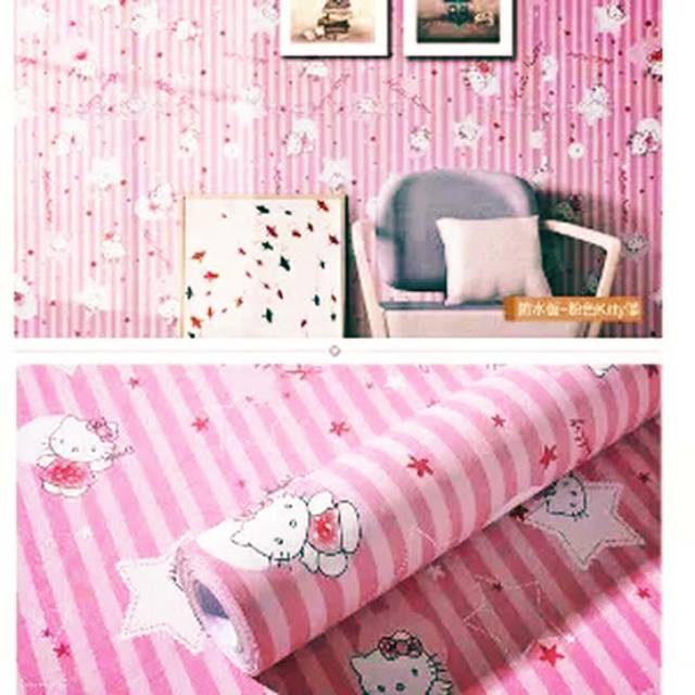 Jual Wallpaper dinding motif helo kity garis pink ukuran lebar 45cm panjang 10 meter | Shopee ...