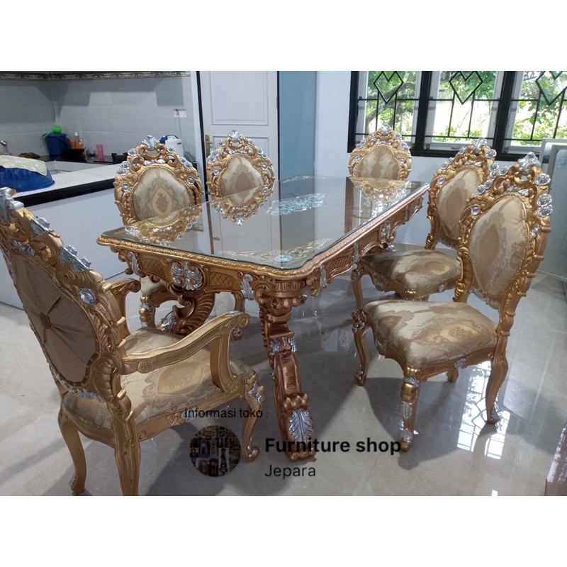 Jual Meja makan set kursi 6 rosalina duco gold mewah | Shopee Indonesia