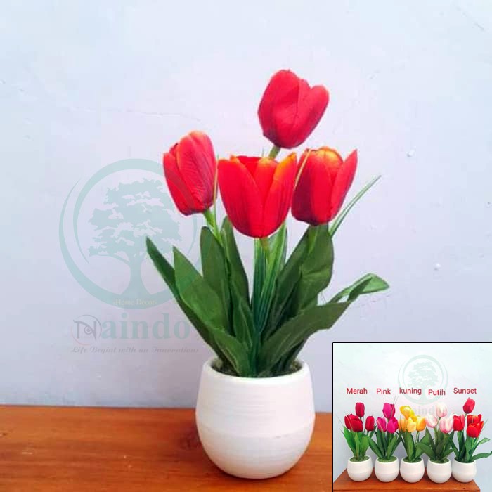 Jual Naindo Bunga Tulip 4 cabang + pot hiasan ruang tamu & kantor-bunga ...