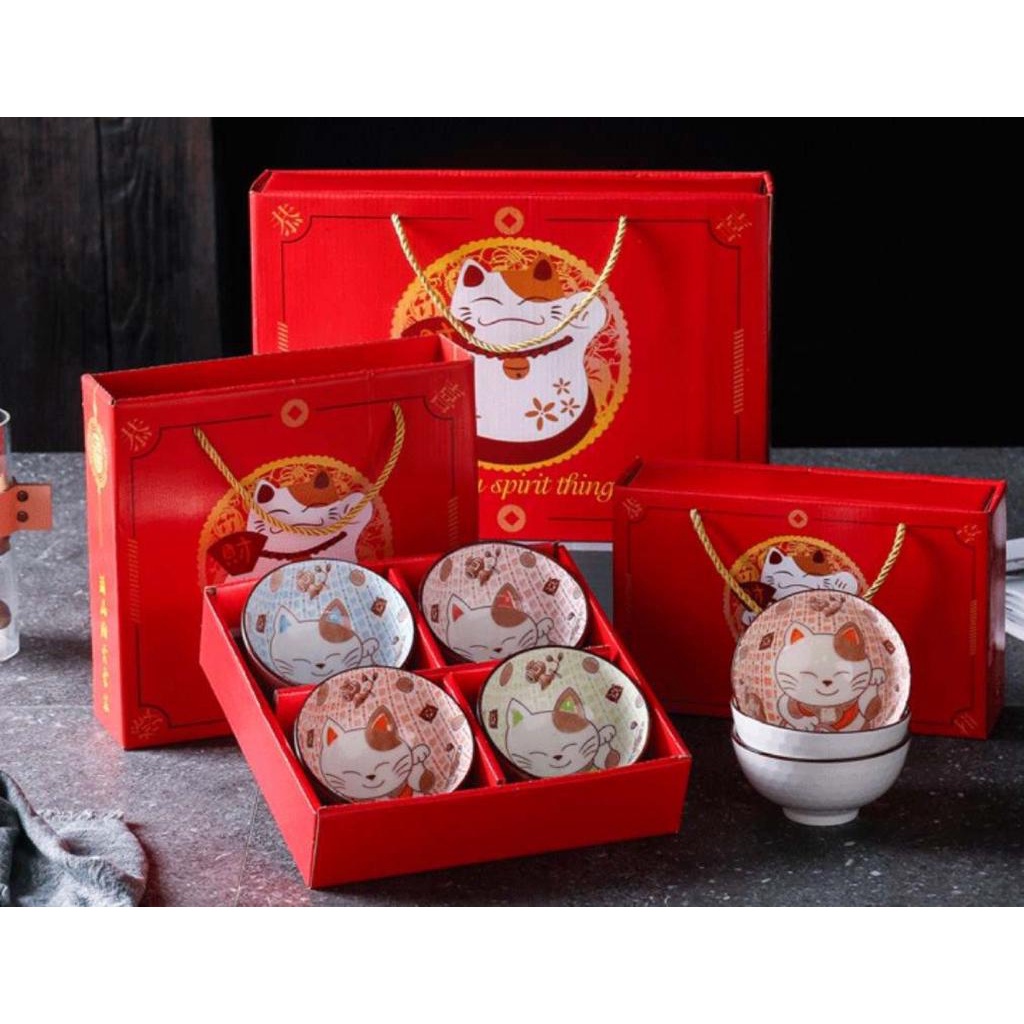 Jual japanese lucky cat bowl gift box set / hampers souvenir kado set ...