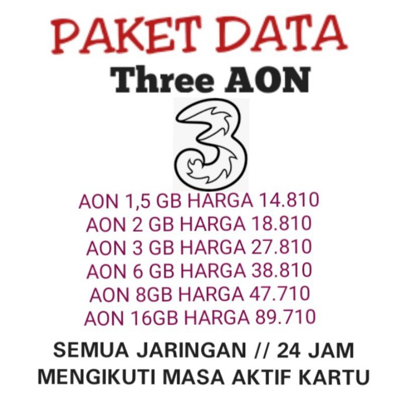 Jual THREE DATA AON 1,5GB 2GB 3GB 6GB 8GB 16GB IKUT MASA AKTIF KARTU | Shopee Indonesia