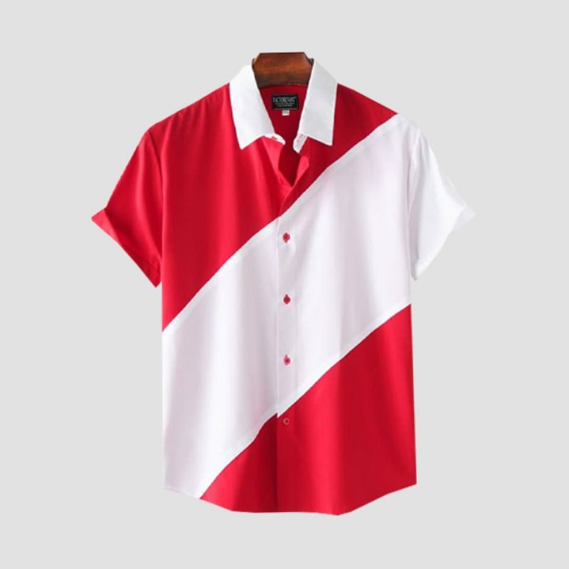 Jual Kemeja Merah putih. Men Colour block Red&White | Shopee Indonesia