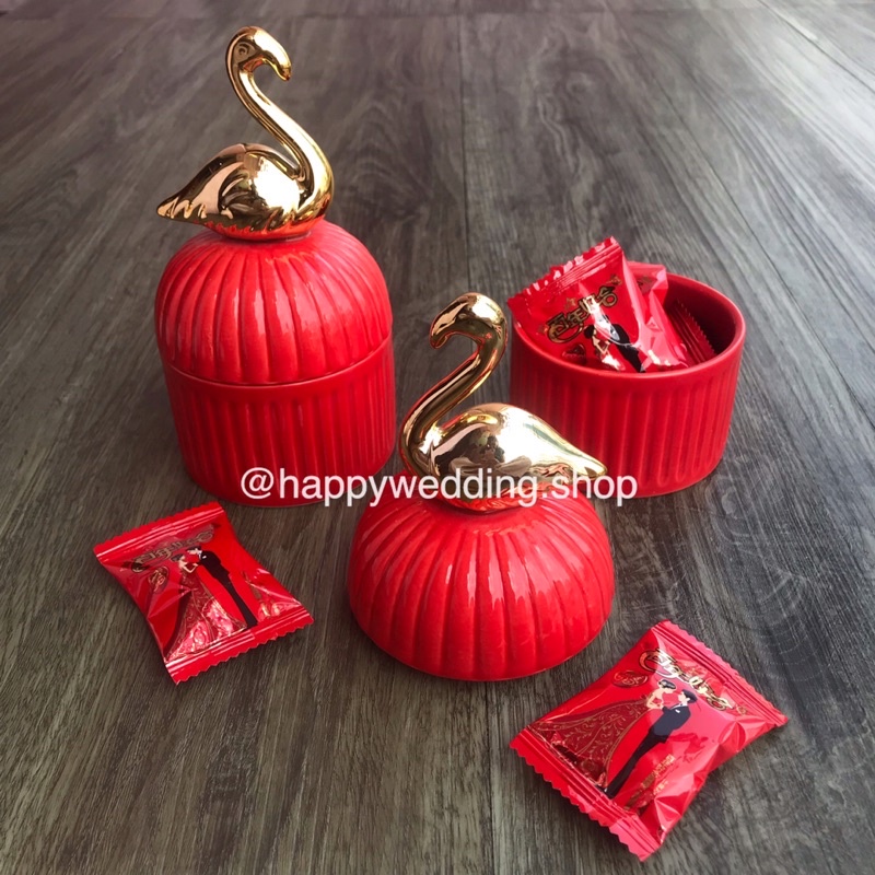 Jual (WV11) Toples Permen Keramik Bulat Merah Tutup Angsa Gold / Toples ...