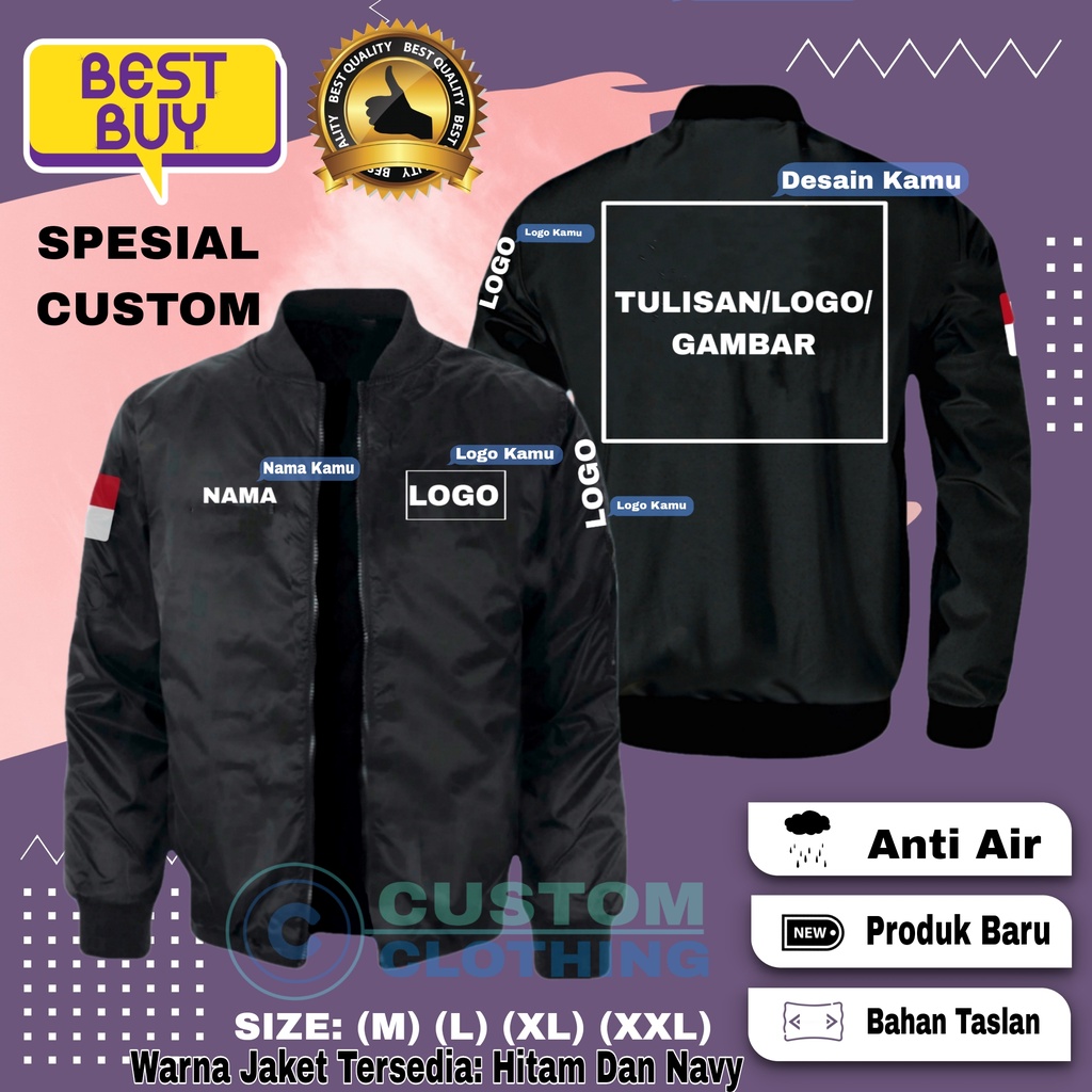 Jual Jaket Bomber Anti Air Custom Nama Logo Gambar Sesuai Permintaan ...