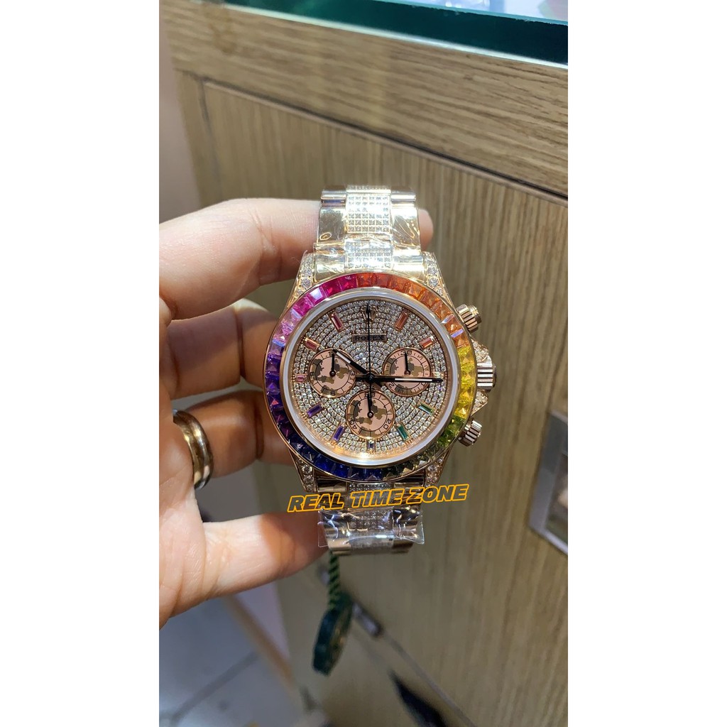 Jual JAM REAL ROLEX DAYTONA FULL DIAMOND RAINBOW ROSEGOLD SWISS ETA ...